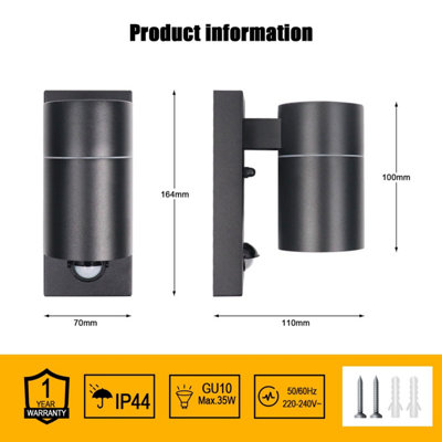 ExtraStar Outdoor PIR Sensor Down Wall light Black IP44 (GU10 6W included)
