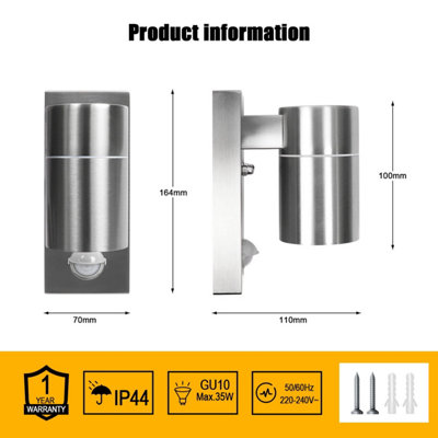 ExtraStar Outdoor PIR Sensor Down Wall light Stainless Steel IP44 (GU10 ...