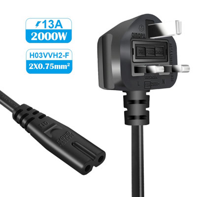 Extrastar Power Cable UK Plug Male, IEC 60320 C7 1.5M, Black, 2 core 0 ...