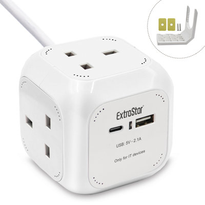 EXTRASTAR RUBIK 4 WAY CUBE EXTENSION LEAD WITH 1 USB A AND 1 USB C PORT ...