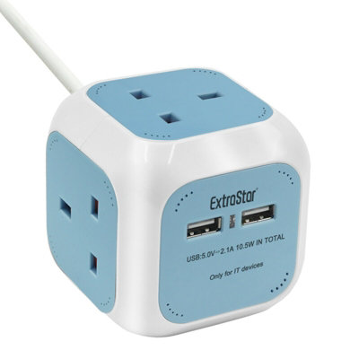 EXTRASTAR Rubik Power Cube 4 Ways Sockets 2 x USB 5V 1.5m Light Blue ...