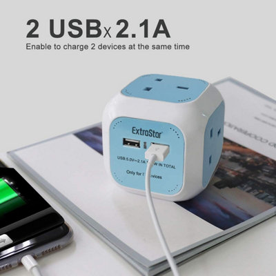 ExtraStar Rubik Power Cube 4 Ways Sockets 2 x USB 5V 1.5m Light Blue ...