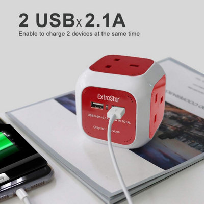 ExtraStar Rubik Power Cube 4 Ways Sockets 2 x USB 5V 1.5m Red 13A ...