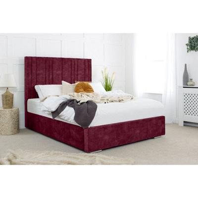 Fabio Plush Bed Frame With Lined Headboard - Maroon | DIY at B&Q