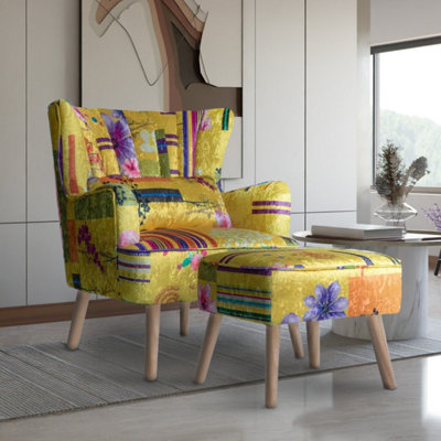 Fabric Gold Patchwork Accent Wingback Chair with Footstool