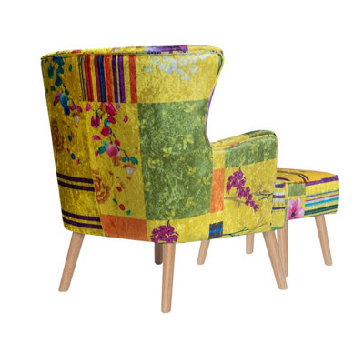 Fabric Gold Patchwork Accent Wingback Chair with Footstool