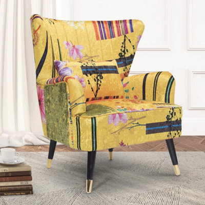 Fabric Gold Patchwork Accent Wingback Chair