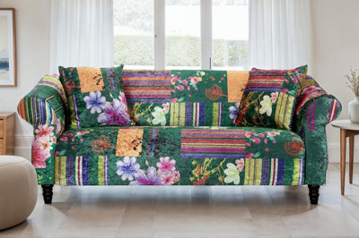 Fabric Green Patchwork 3 Seater Sofa