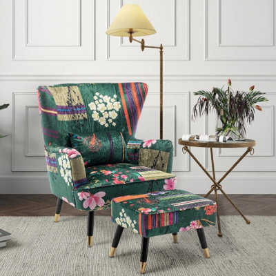 Fabric Green Patchwork Accent Wingback Chair with Footstool