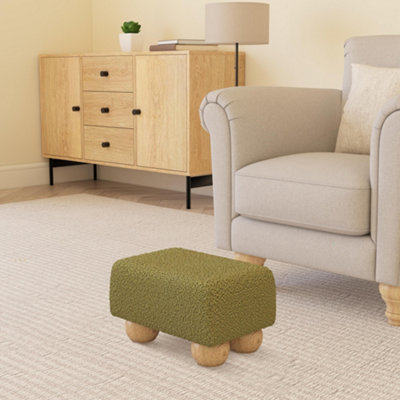 FABRIC MATERIAL SMALL FOOTSTOOLS NATURAL WOOD BUN FEET - BOUCLE OLIVE ...