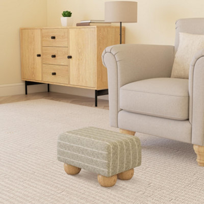 FABRIC MATERIAL SMALL FOOTSTOOLS NATURAL WOOD BUN FEET - PINSTRIPE WOOL ...