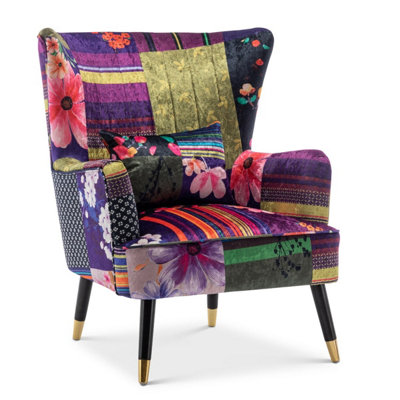 FABRIC PATCHWORK ACCENT WINGBACK CHAIR WITH FOOTSTOOL