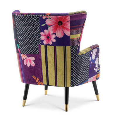 FABRIC PATCHWORK ACCENT WINGBACK CHAIR WITH FOOTSTOOL