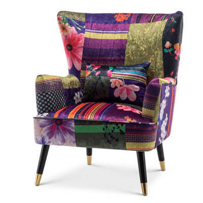 FABRIC PATCHWORK ACCENT WINGBACK CHAIR WITH FOOTSTOOL