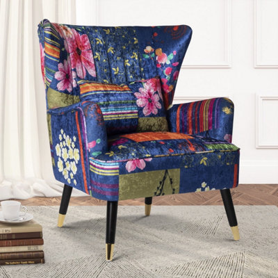 Fabric Purple Patchwork Accent Wingback Chair
