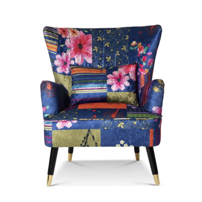 Fabric Purple Patchwork Accent Wingback Chair