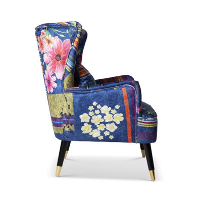 Fabric Purple Patchwork Accent Wingback Chair