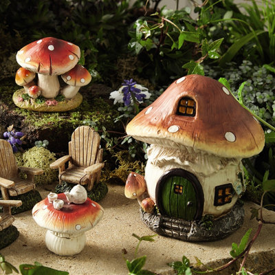 Fairy Gnome Garden Ornament Set - Weatherproof Mini Toadstool House, Armchairs & Table Indoor or ...