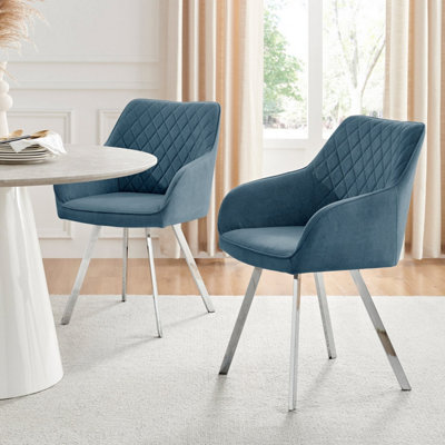 Falun Deep Padded Dining Chairs Upholstered in Soft Durable Blue Fabric With Chrome Legs Set of 2