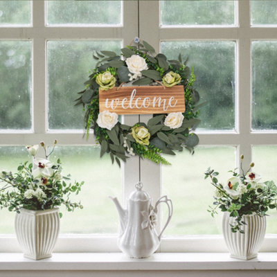 Farmhouse Door Artificial Rose Flower Wreath Pendant Sign Green ...