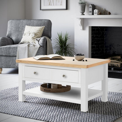 Farro White 85cm Coffee Table with Drawer - Painted with Oak Top - By Roseland Furniture