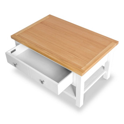 Farro White 85cm Coffee Table with Drawer - Painted with Oak Top - By Roseland Furniture