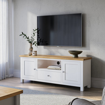 Farrow XL White 150cm TV Unit - Fully Assembled - Painted with Oak Top ...