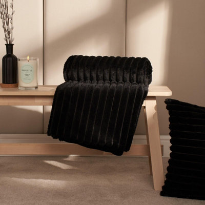 Faux Fur Ribbed Fleece Throw Over Bed Blanket Winter Warm Supersoft, Black