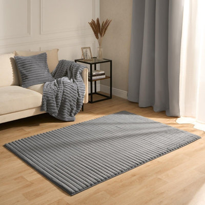 Faux Fur Rug Living Room Ribbed Large Mat Carpet, Grey - 160 x 230cm