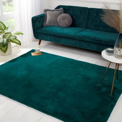 Faux Fur Teal Plain Shaggy Modern Easy to Clean Rug for Living Room and ...