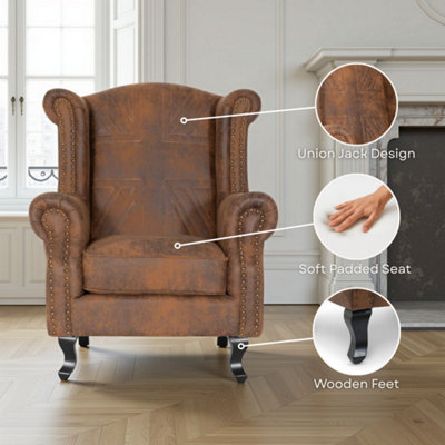 Faux Leather Suede Brown Britannia Wing Back Chair with Union Jack Flag