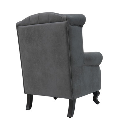 FAUX LEATHER SUEDE GREY BALMORAL WING BACK CHAIR WITH BUTTONS