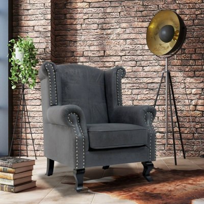 Faux Leather Suede Grey Wing Back Chair with Union Jack Flag