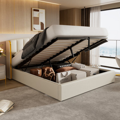 Faux Leather Upholstered King Size Bed Frame with Under Bed Storage ...