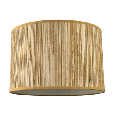 Faux Textured Rattan Round Lamp Shade with Taupe Cotton Fabric Trims
