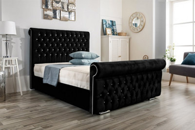 Faye Black Plush Valvet Upholstered Gas Lift Ottoman Storage Bed with ...