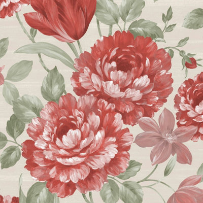 Fayre Floral Wallpaper Red / Cream Muriva 194303 | DIY at B&Q