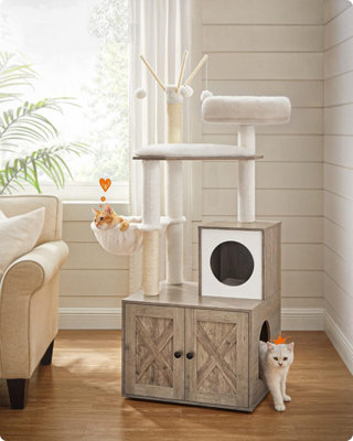 FEANDREA Dual-Purpose Cat Tower, Modern Design with Hidden Litter Area and Play Features, Greige