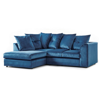 Fernando Soft Plush Velvet 3 to 4 Seater L Shaped Corner Sofa Blue Left Hand Facing - Scatter Back