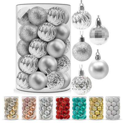 Festive Fix 34Pcs Hanging Christmas Baubles in Silver 4cm 5-Finish Ball ...