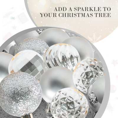 Festive Fix 34Pcs Hanging Christmas Baubles in Silver 4cm 5-Finish Ball ...