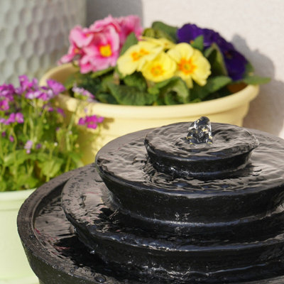 FESTIVE LIGHTS SOLAR & PLUG-IN BLACK CASCADING BOWL TIERED WATER FEATURE