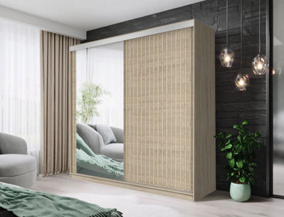 FHI KINGSTON 203cm Oak Sliding Door Wardrobe Modern Bedroom Storage with Full Length Mirror ...