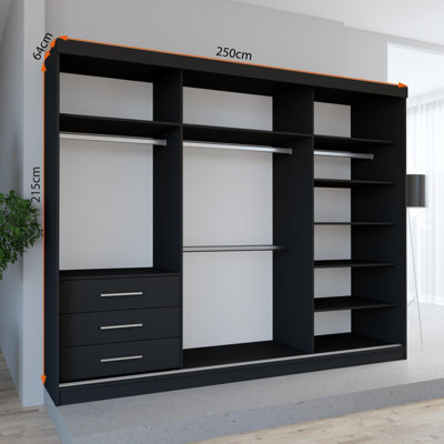 FHIF DALLAS 250cm Black Sliding Door Wardrobe Modern Bedroom Storage ...