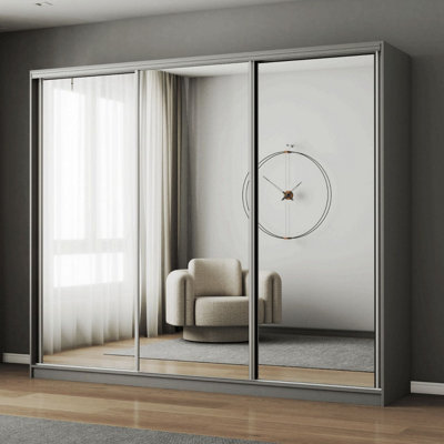 FHIF DUBAI 250cm Grey Sliding Door Wardrobe Modern Bedroom Storage with ...