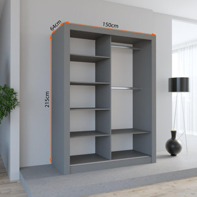 FHIF IBIZA 150cm Grey Sliding Door Wardrobe Modern Bedroom Storage with ...