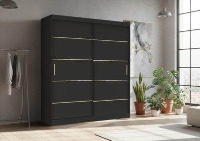 FHIF LEXISS Gold 180cm Black Modern Sliding Door Wardrobe Bedroom ...