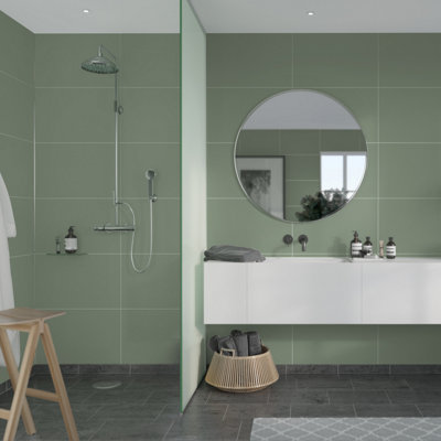 Fibo Contemporary Olive Green Tile Wall Panel | DIY at B&Q