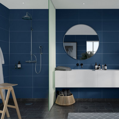 Fibo Contemporary Smokey Blue Tile Wall Panel | DIY at B&Q