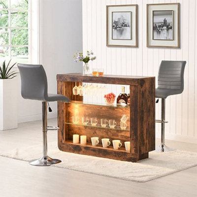 Fiesta Smoked Oak Bar Table Unit With 2 Ripple Grey Stools